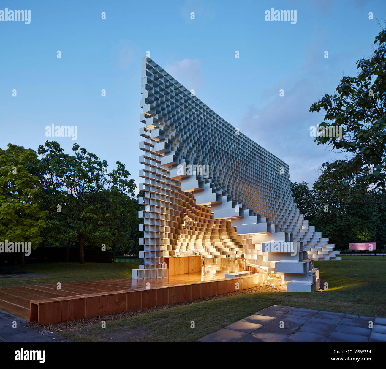 Oblique view of illuminated entrance to pavilion. Serpentine Pavilion ...