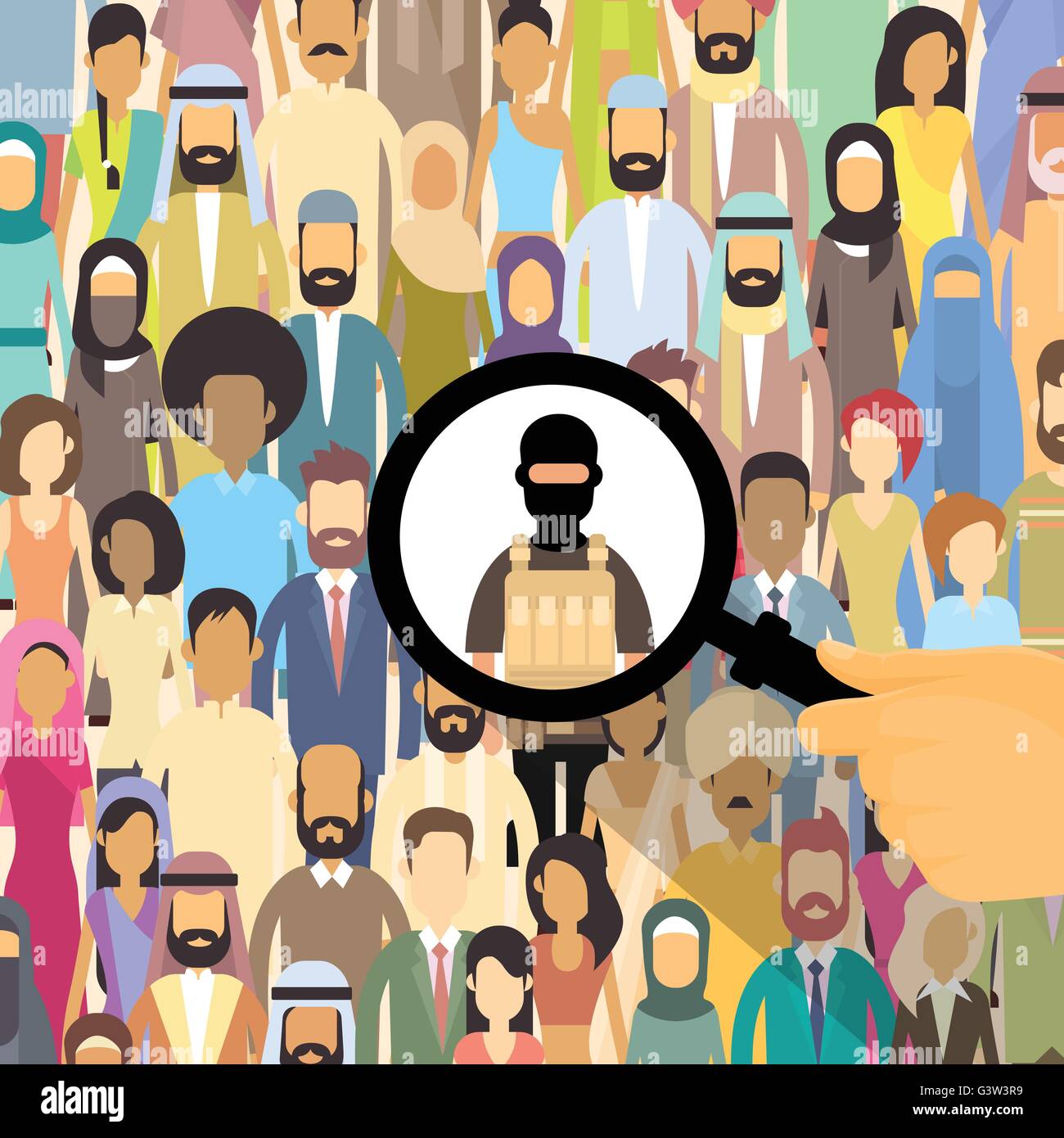 Terrorist In Crowd People Group Terrorism Threat Concept Stock Vector ...