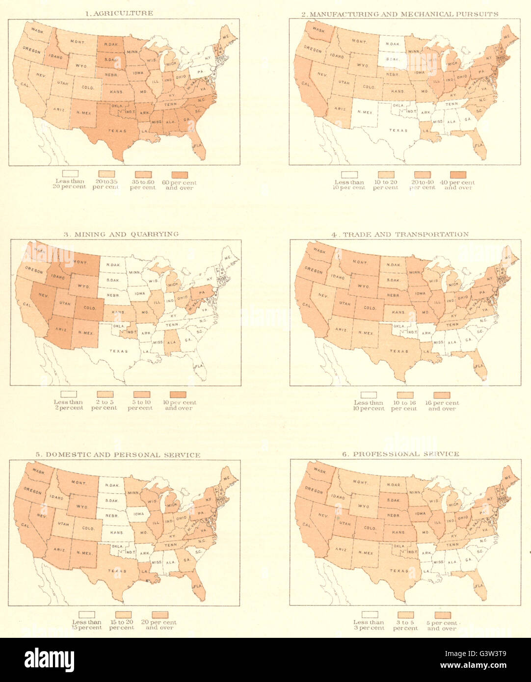 USA: Employment, : Farming; Manufacturing; Resources; Trade; services ...