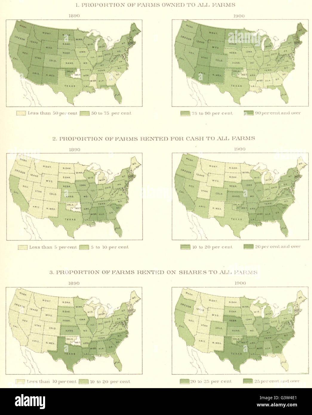 USA: Proportion of farms owned rented , 1900 antique map Stock Photo ...