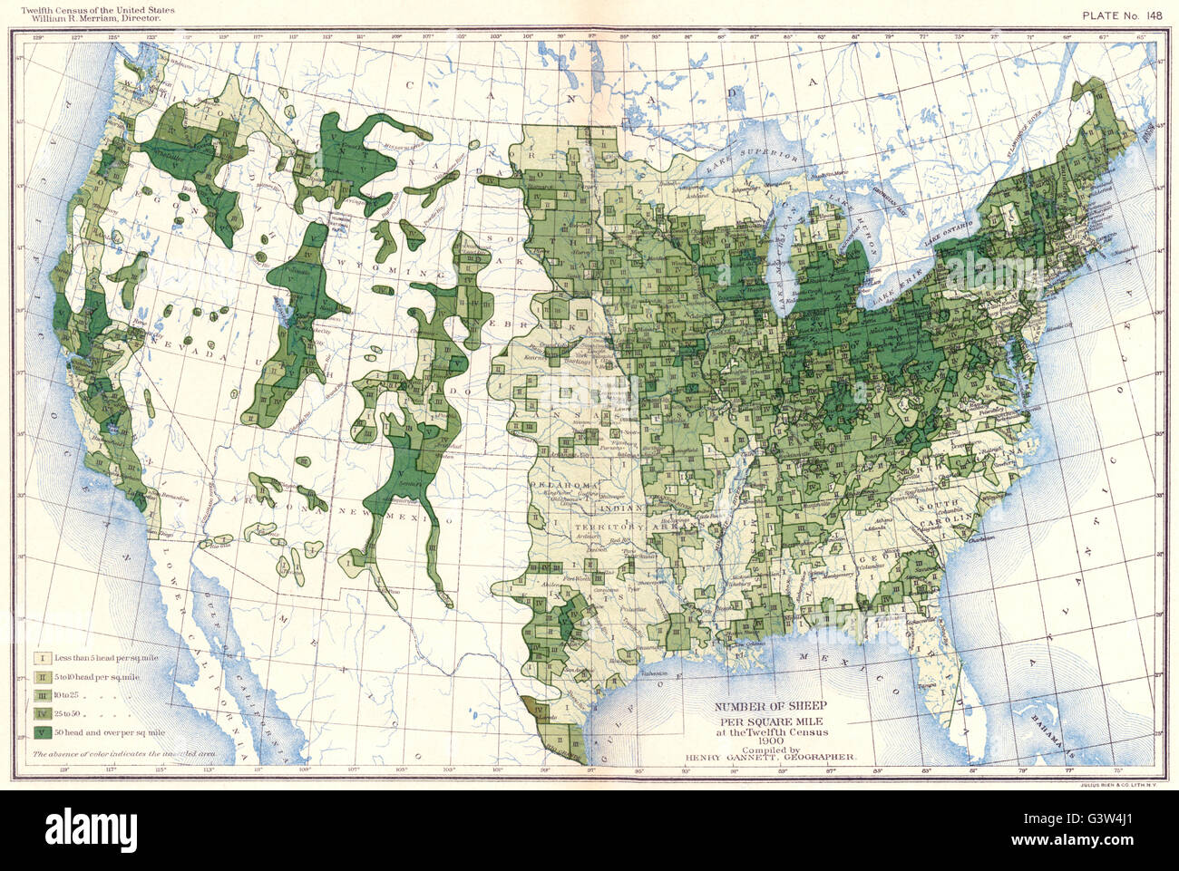 USA: Number of sheep / sq mile at 12th census , 1900 antique map Stock ...