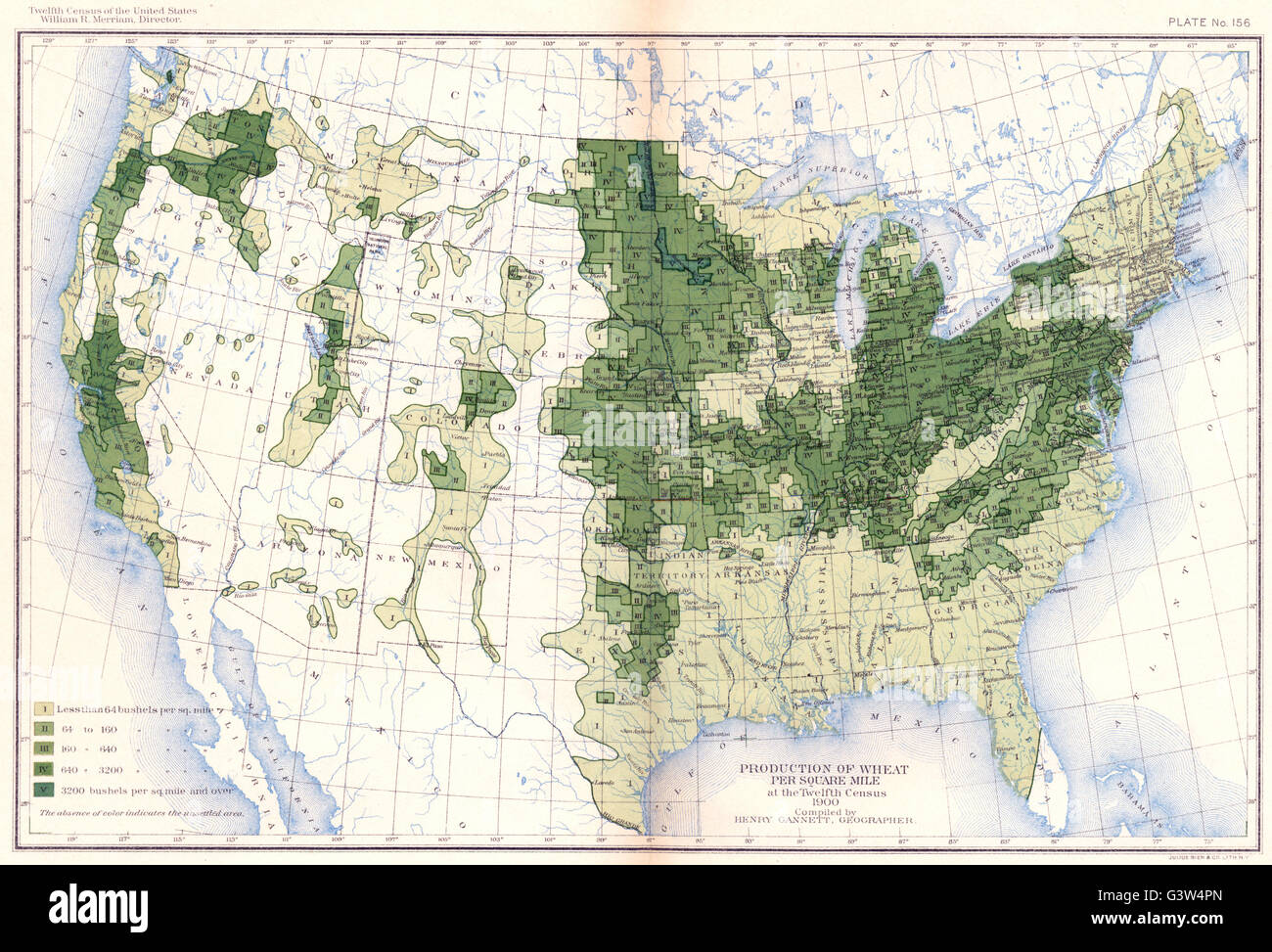USA: Production of wheat / sq mile at 12th census , 1900 antique map ...