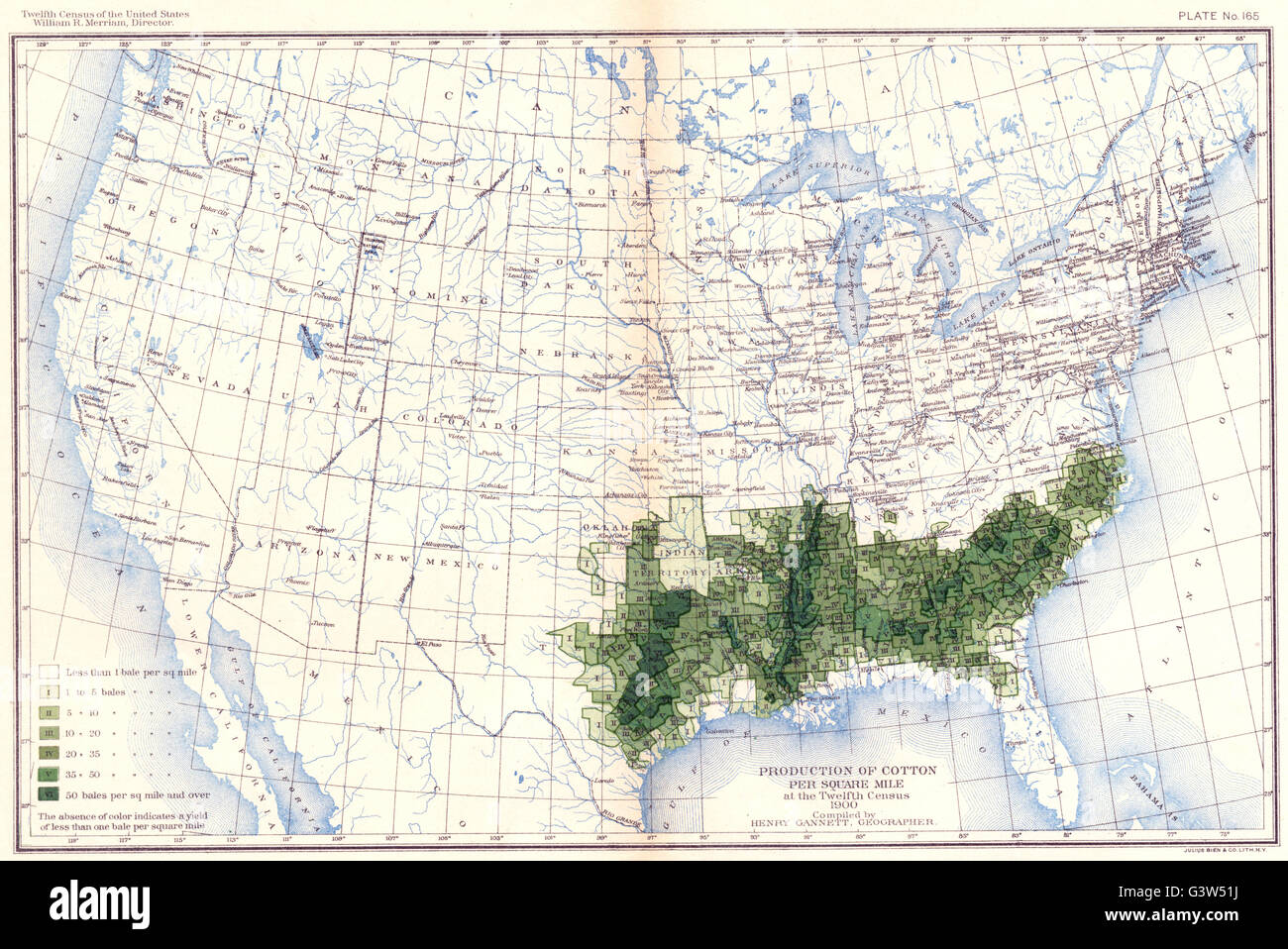USA: Production of cotton / sq mile at 12th Census , 1900 antique map ...
