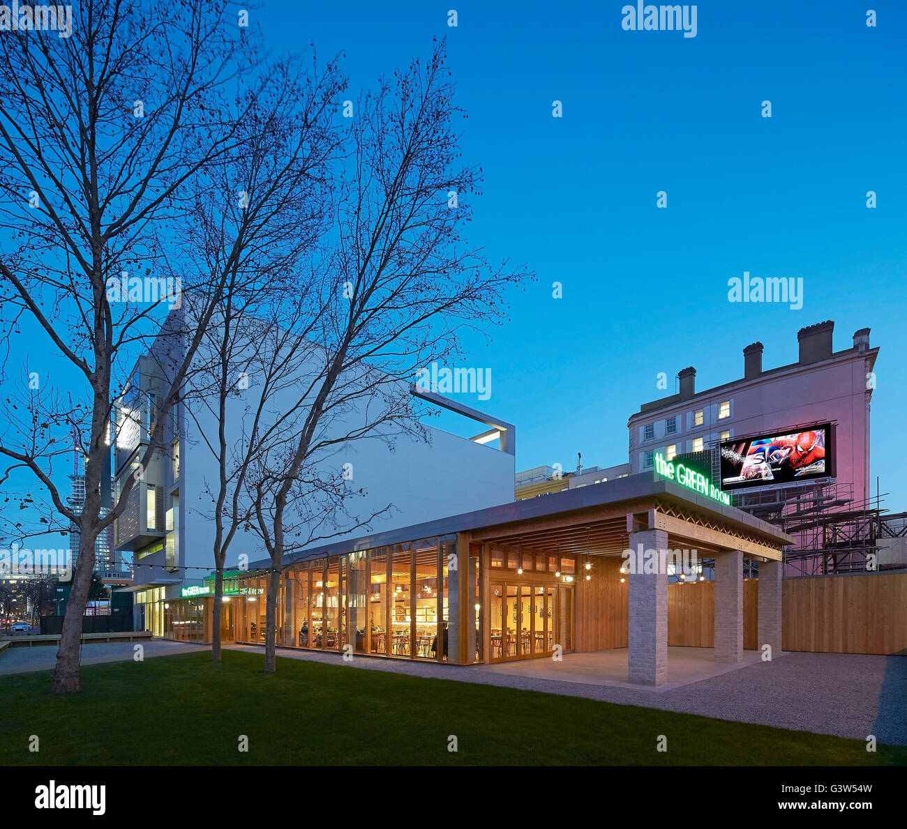 Corner view with canopied courtyard at dusk. The Green Room, London ...