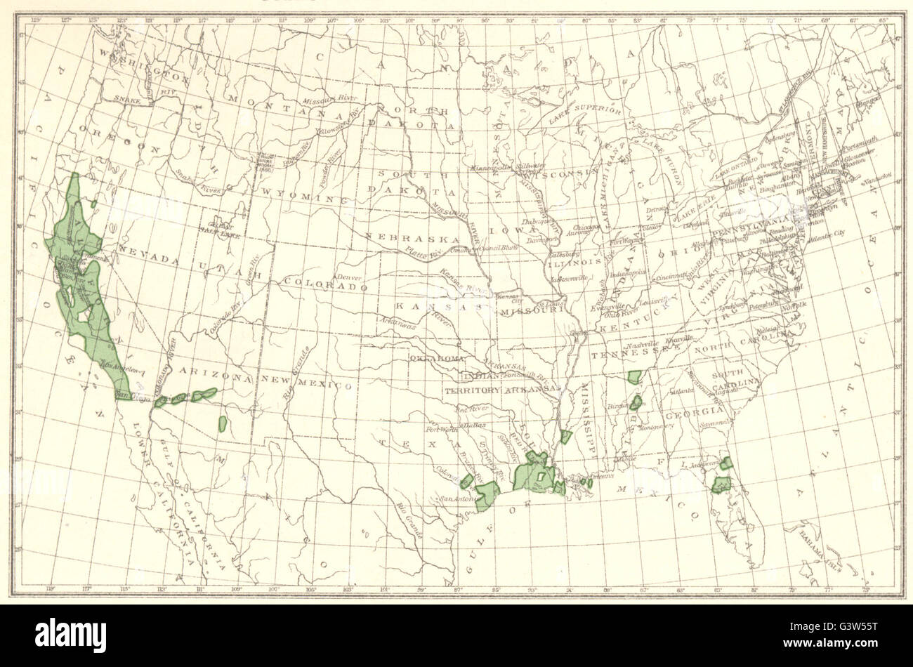 USA: Figs principal regions of production: , 1900 antique map Stock ...