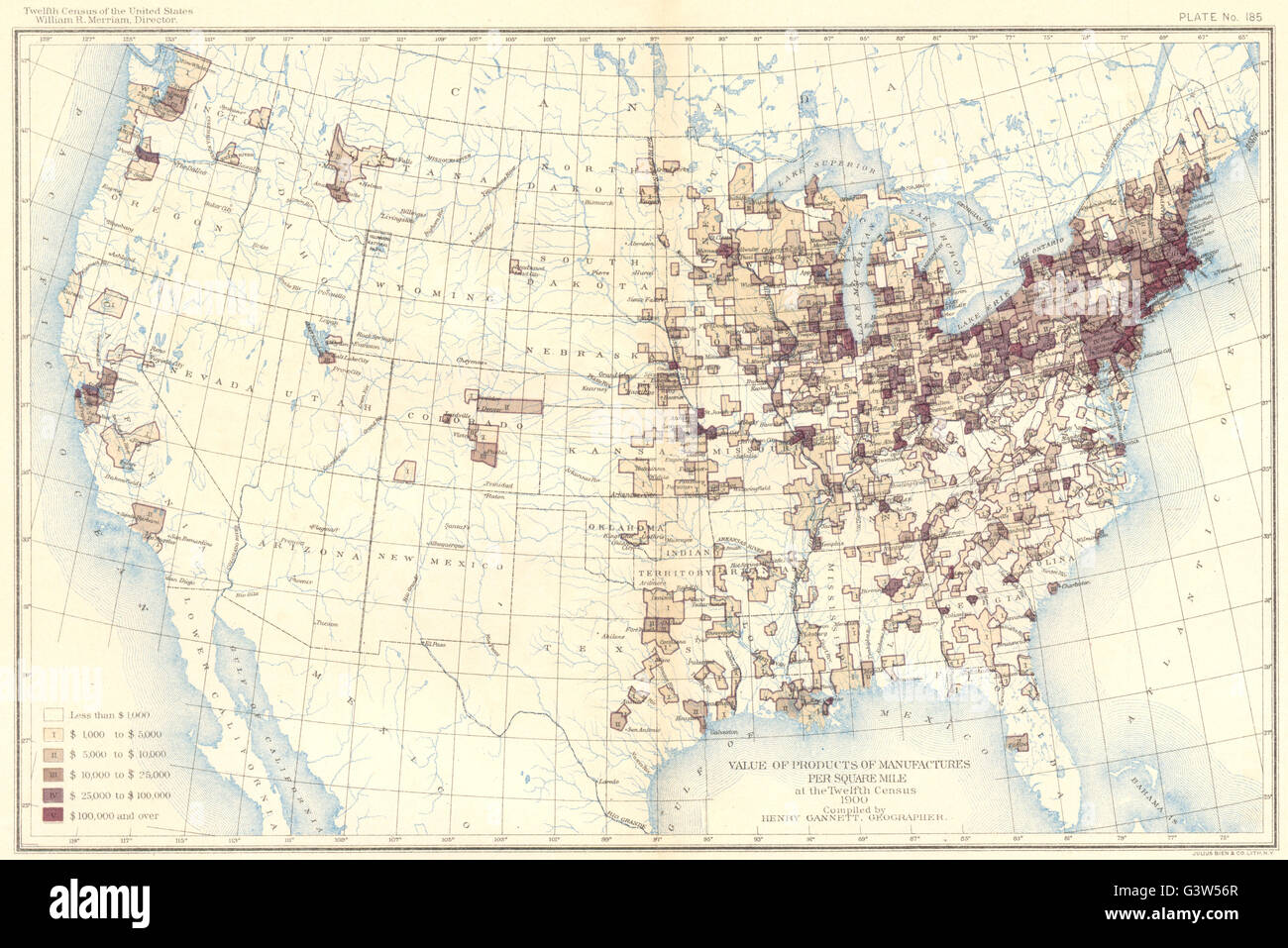 USA: Value of products / sq mile at 12th census , 1900 antique map ...