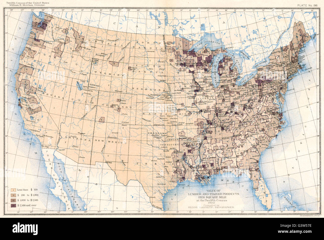 USA: Value of lumber & timber products / sq mile at 12th census , 1900 ...