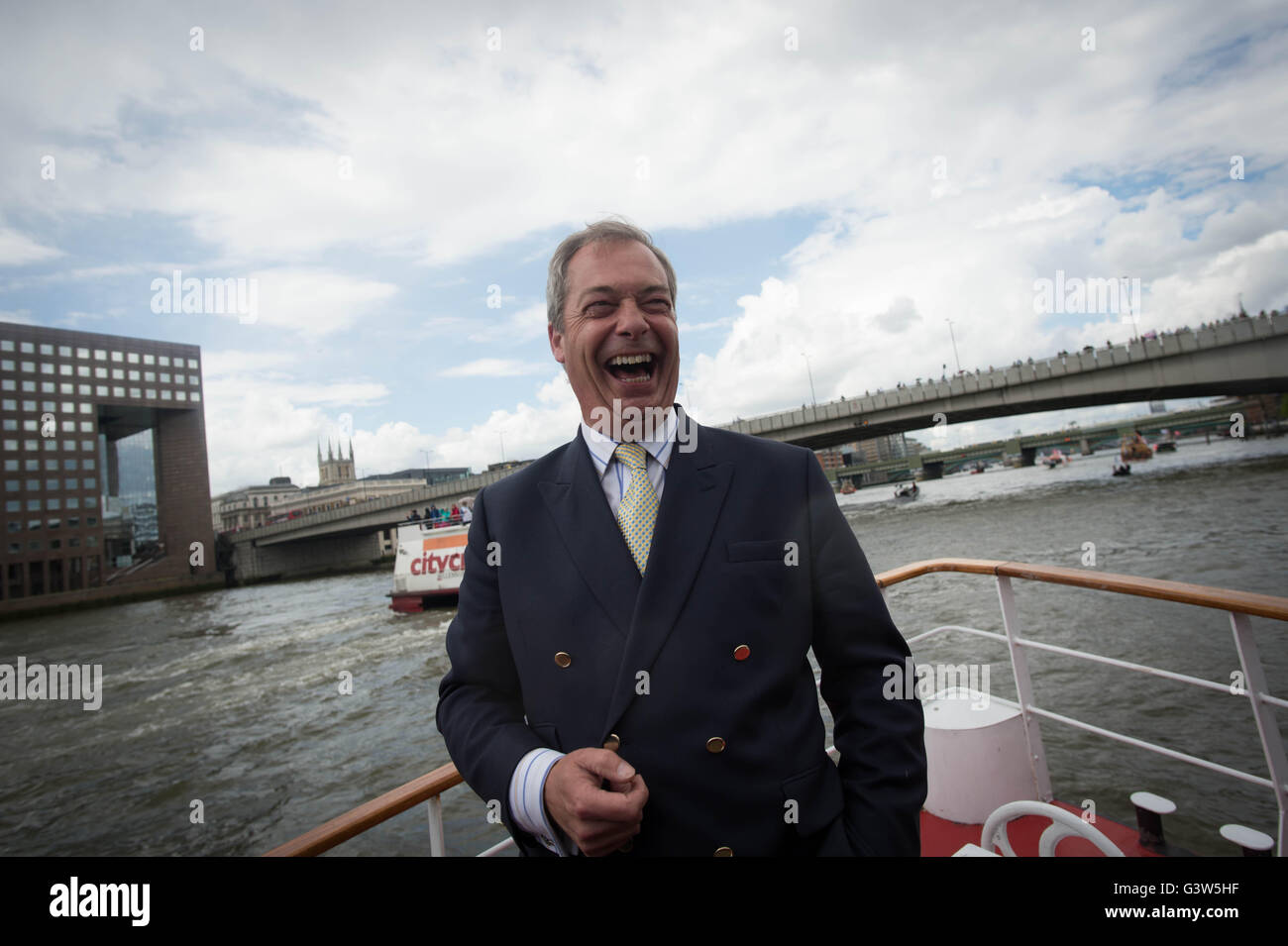 Ukip leader Nigel Farage on board a boat taking part in a Fishing for ...