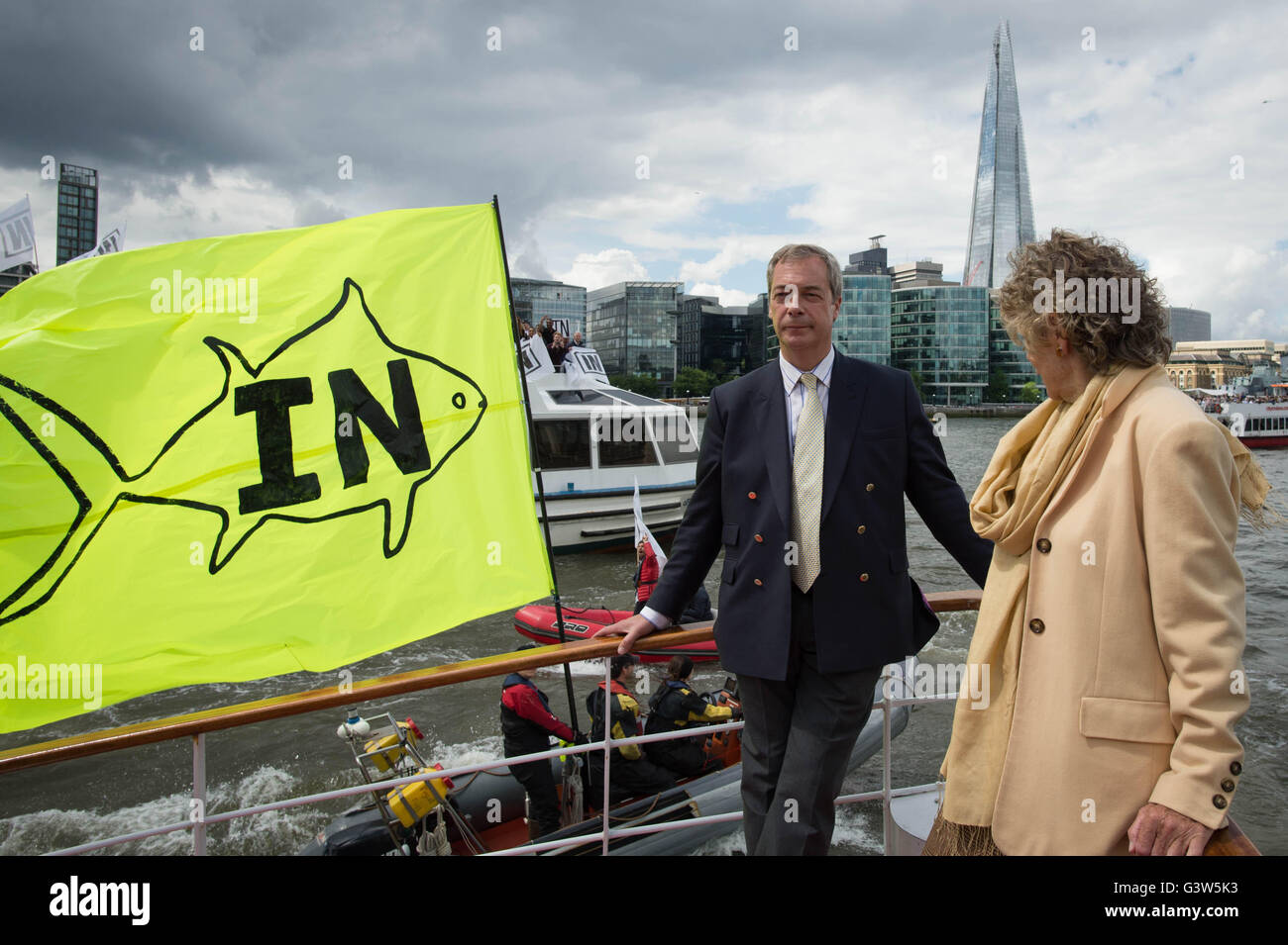 Ukip leader Nigel Farage and Kate Hoey on board a boat taking part in a ...