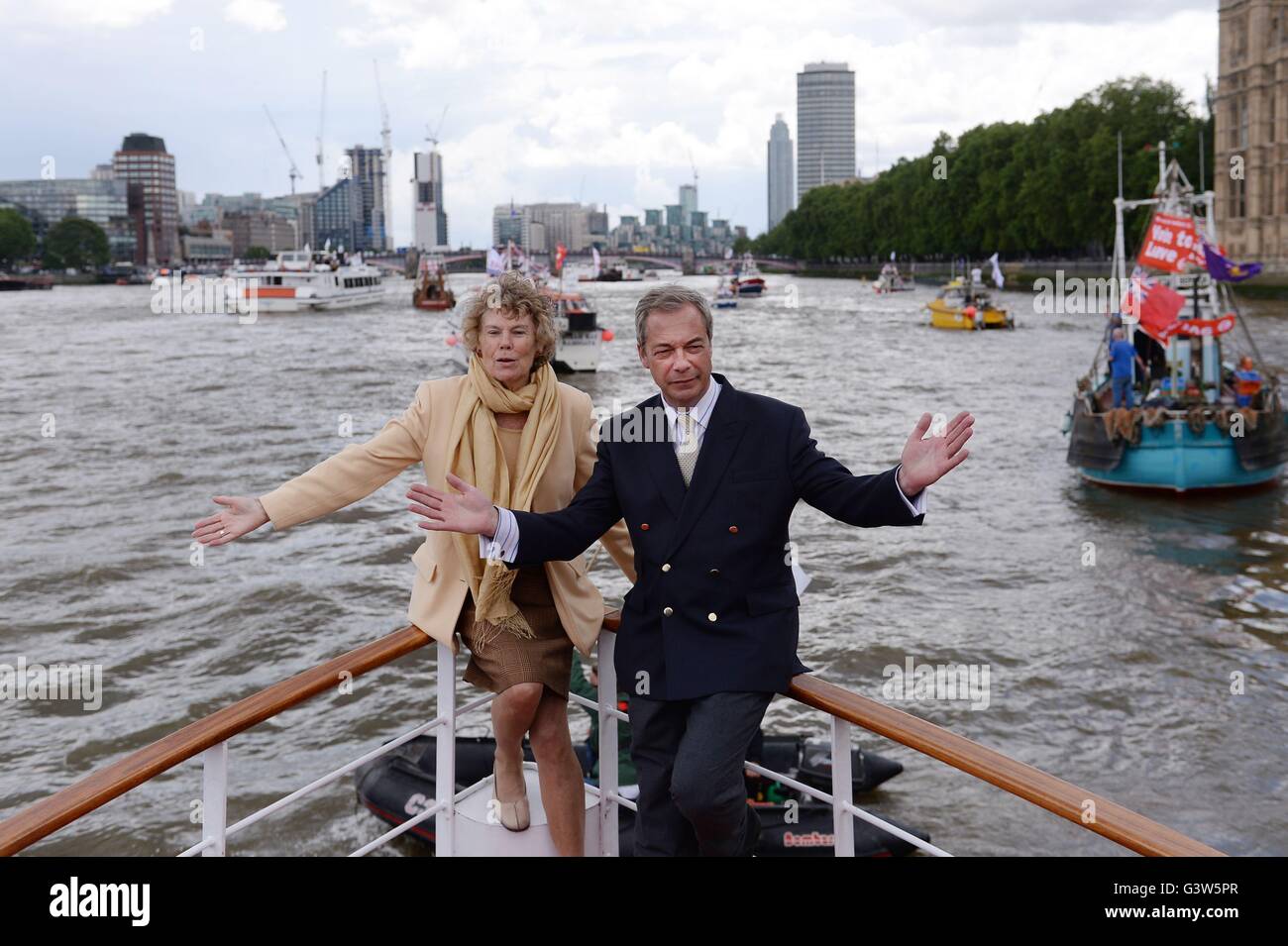 Ukip leader Nigel Farage and Kate Hoey on board a boat taking part in a ...