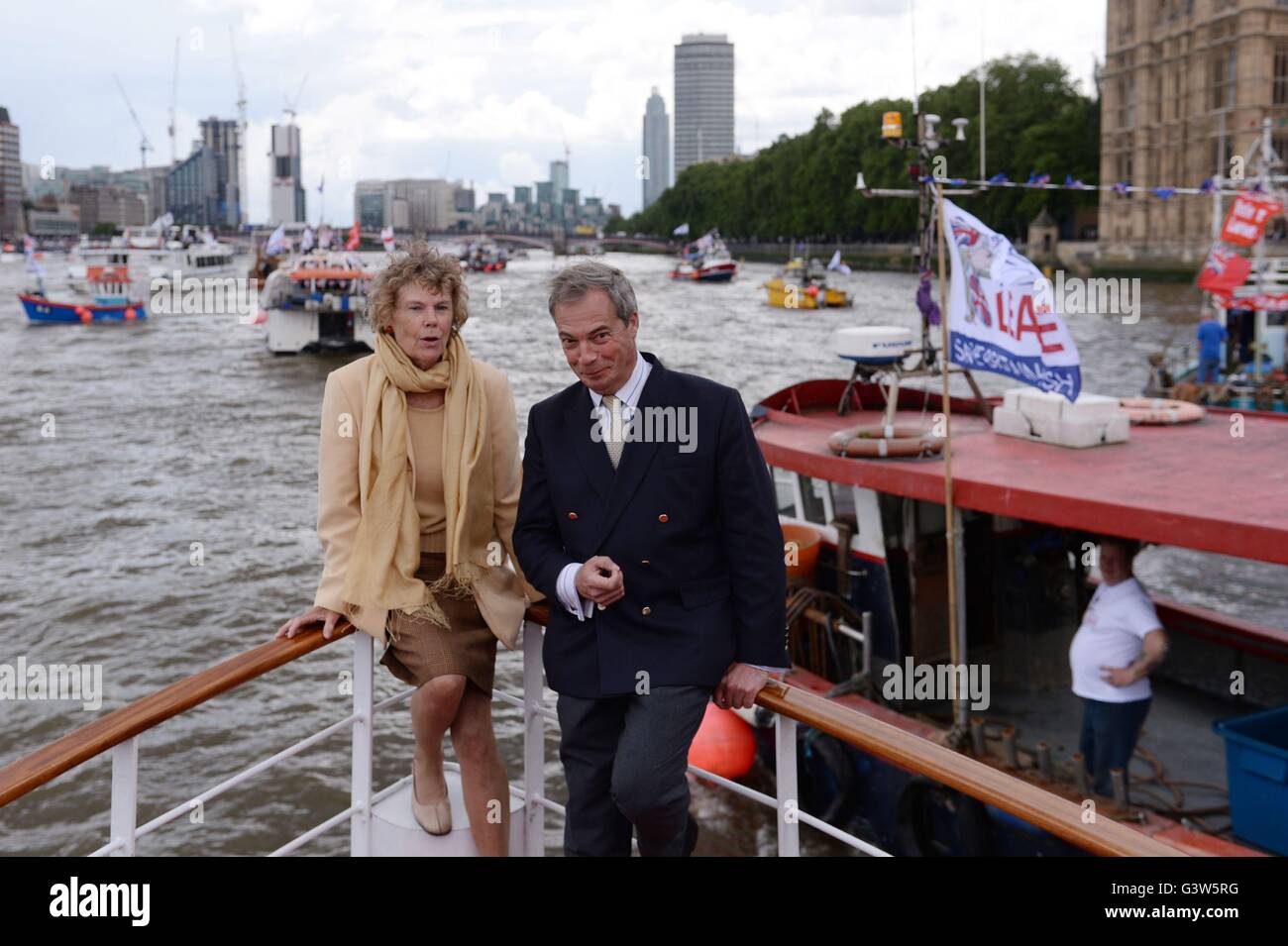 Ukip leader Nigel Farage and Kate Hoey on board a boat taking part in a ...