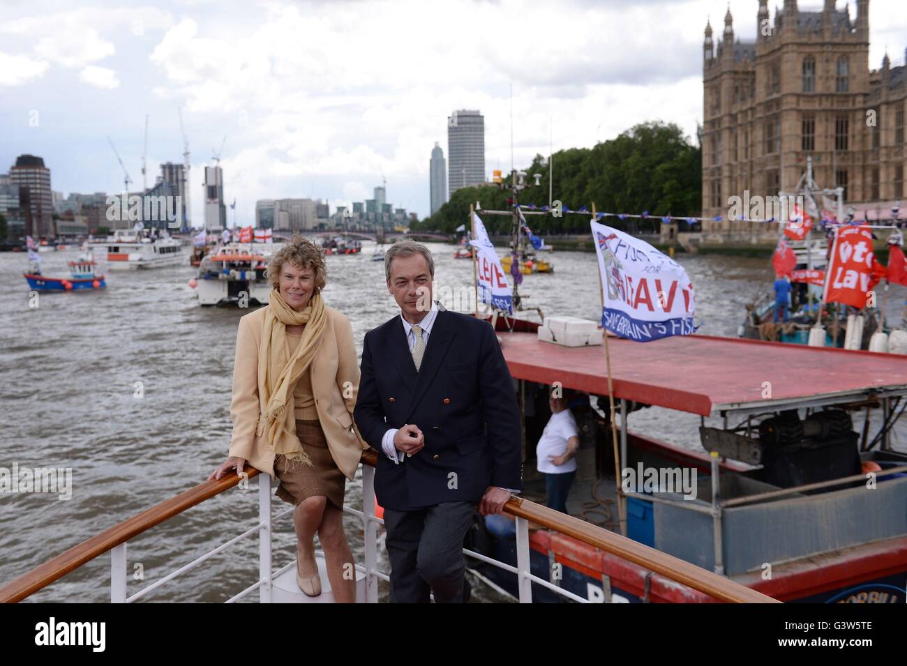 Ukip leader Nigel Farage and Kate Hoey on board a boat taking part in a ...