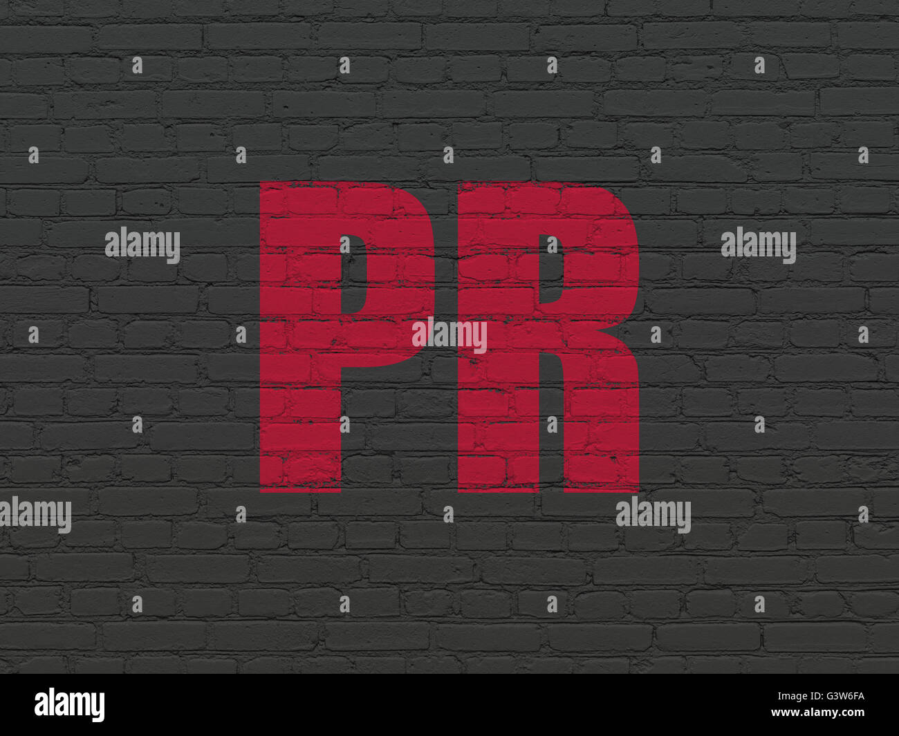 Marketing concept: Painted red text PR on Black Brick wall background ...