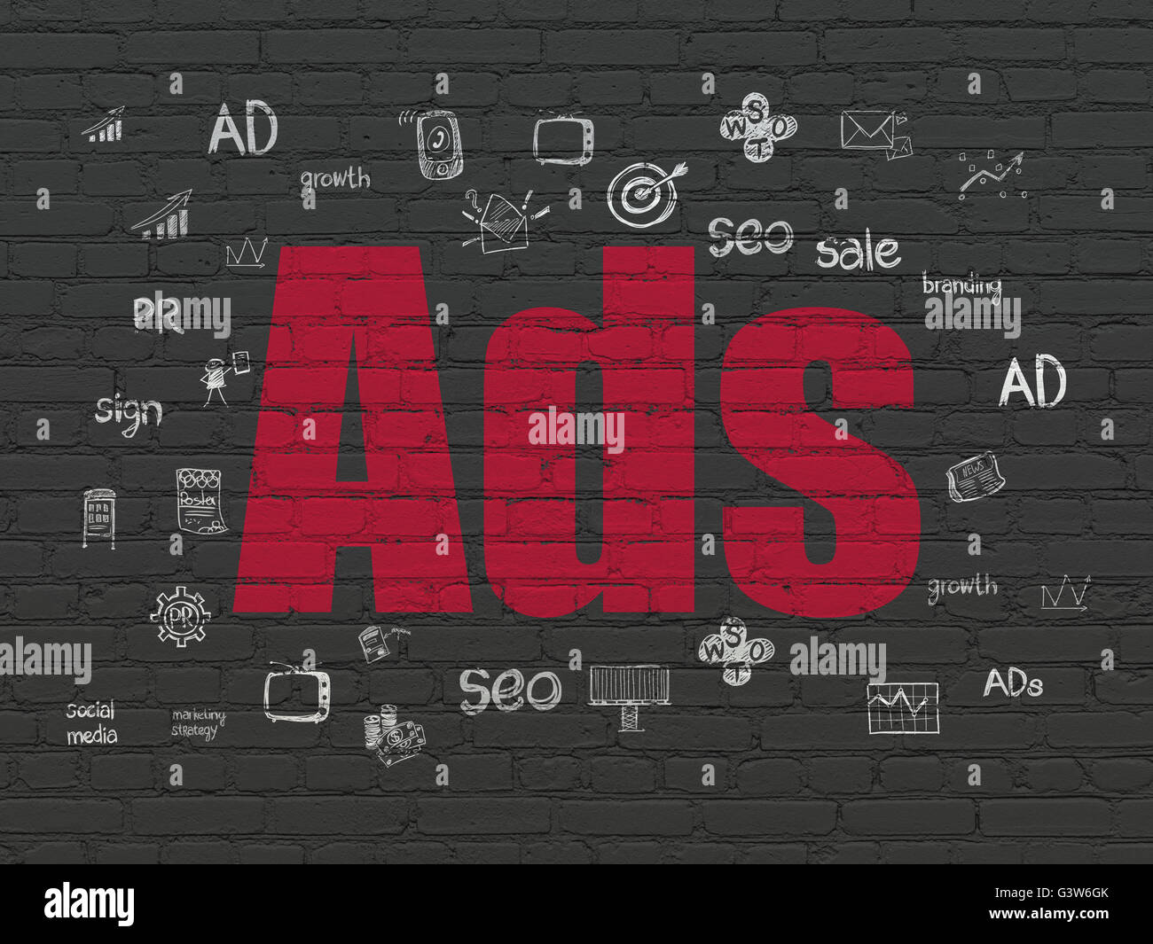 Advertising concept: Painted red text Ads on Black Brick wall ...