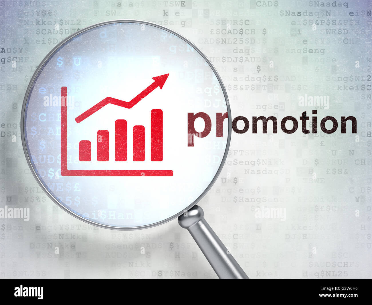 Advertising concept: magnifying optical glass with Growth Graph icon ...