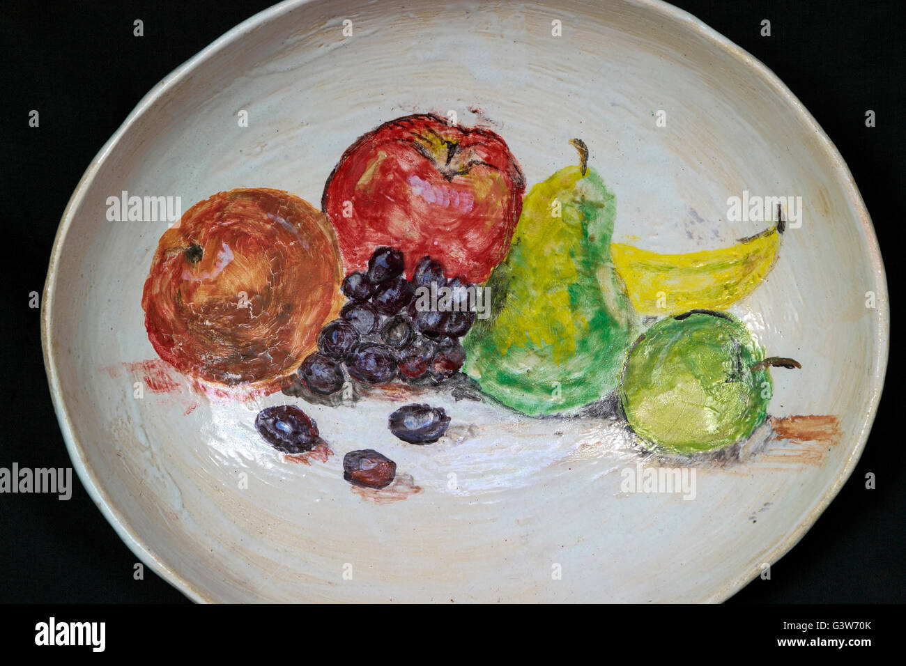 Ceramic pot pottery white glazed bowl with painted fruit design Stock ...