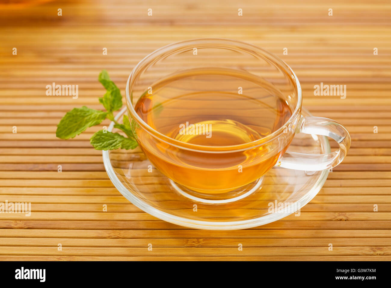 Tea in cup with mint leaf on saucer Stock Photo - Alamy