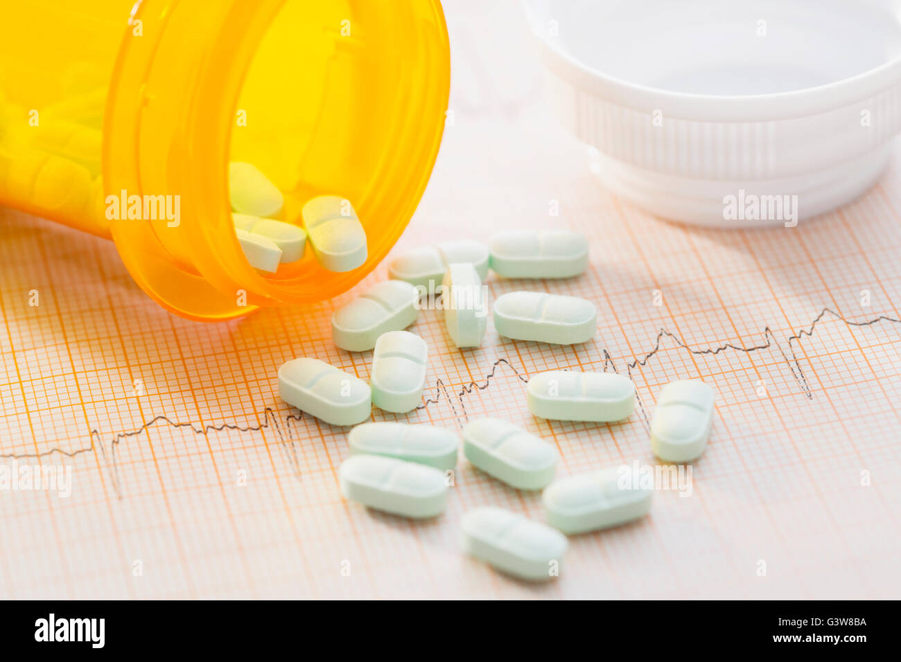 Pills over EKG results Stock Photo - Alamy