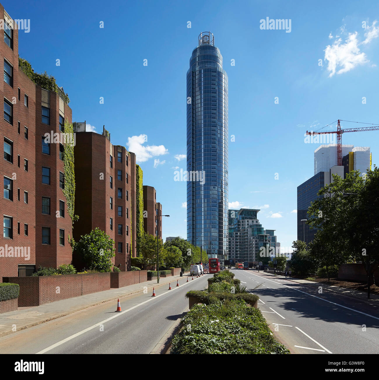 View along street towards high-rise and context. St George Wharf Tower ...