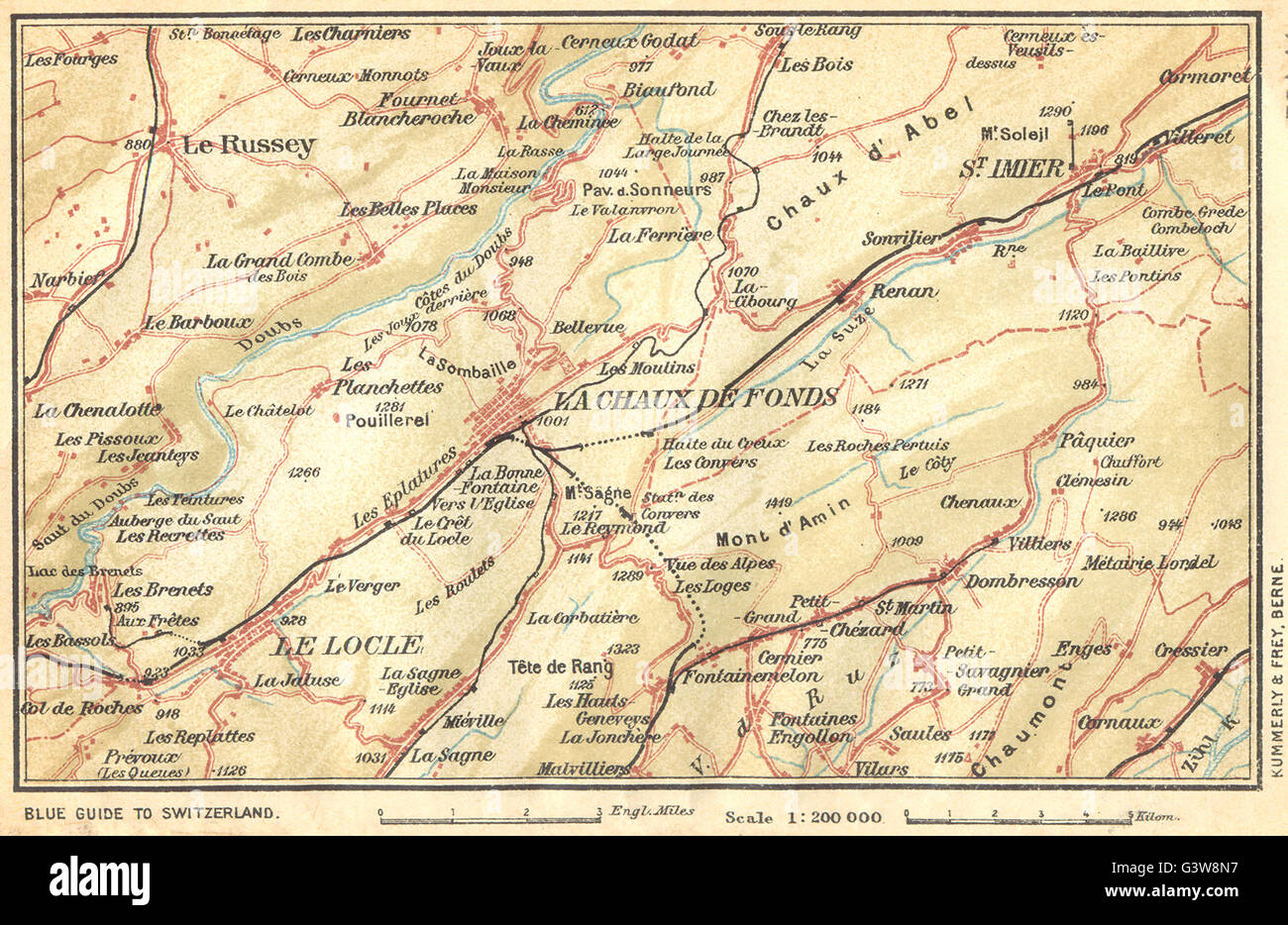 SWITZERLAND: Environs of La Chaux-de-Fonds, 1930 vintage map Stock ...