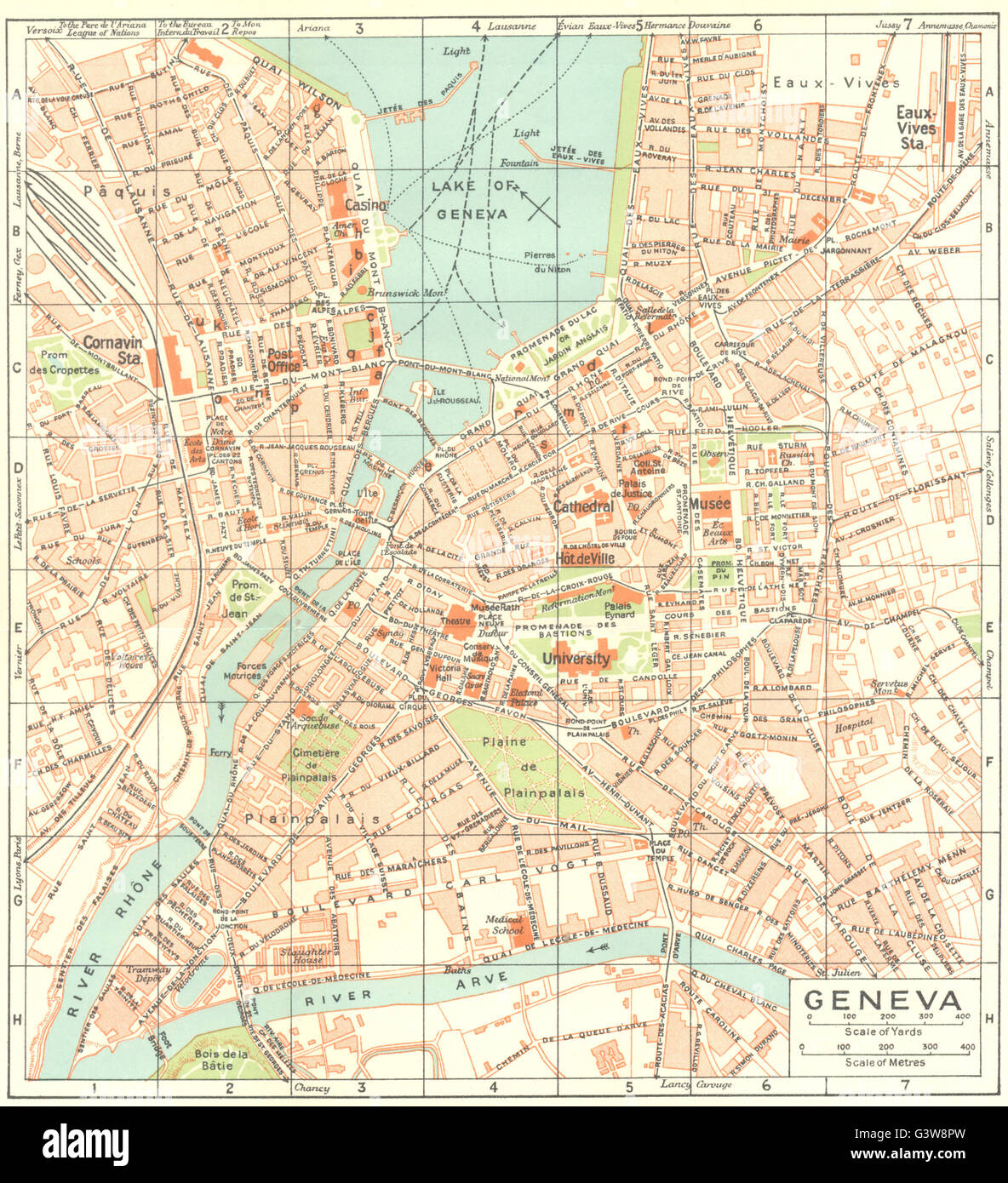 SWITZERLAND: Geneva, 1930 vintage map Stock Photo - Alamy