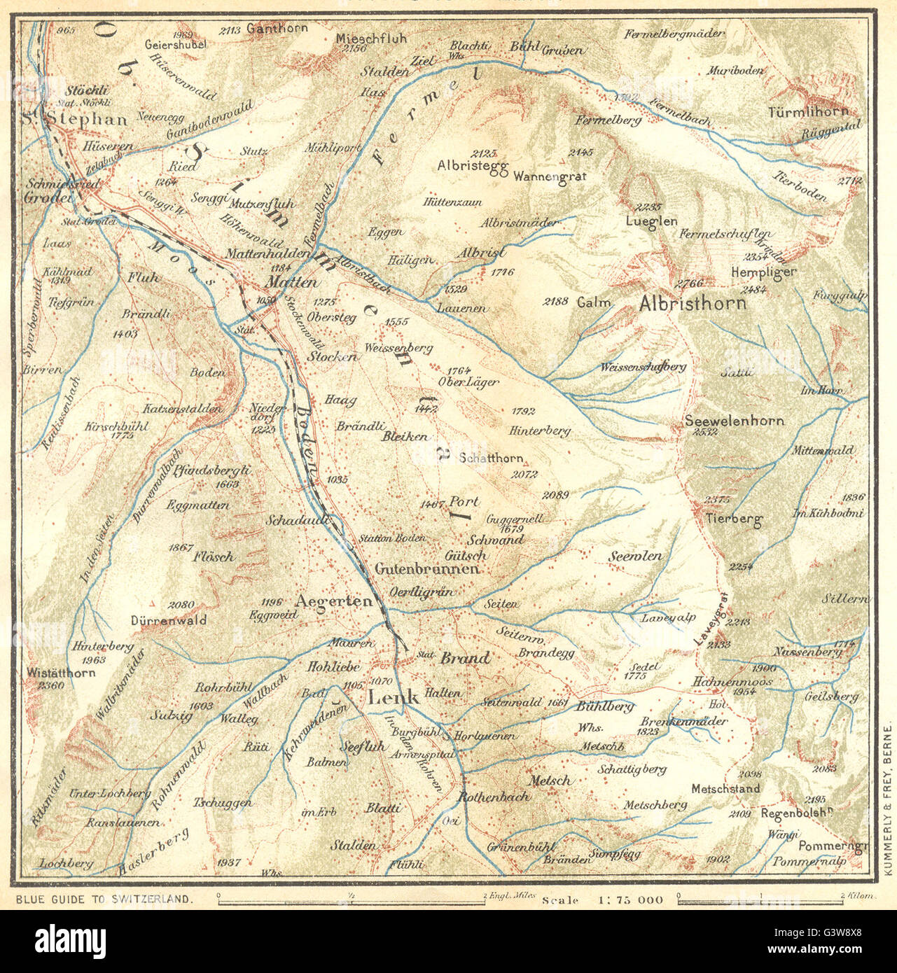SWITZERLAND: Environs of Lenk, 1930 vintage map Stock Photo - Alamy