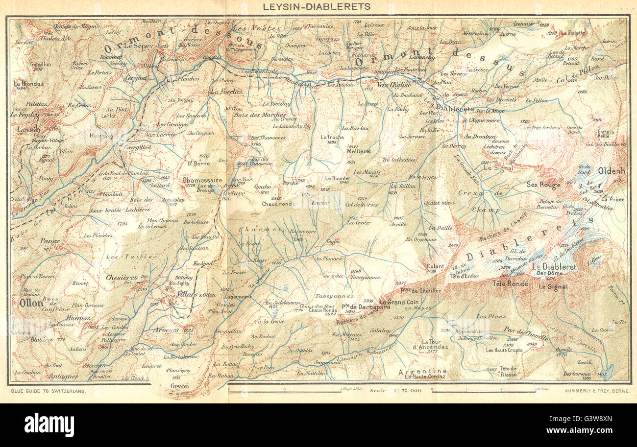 SWITZERLAND: Leysin-Diablerets, 1930 vintage map Stock Photo - Alamy
