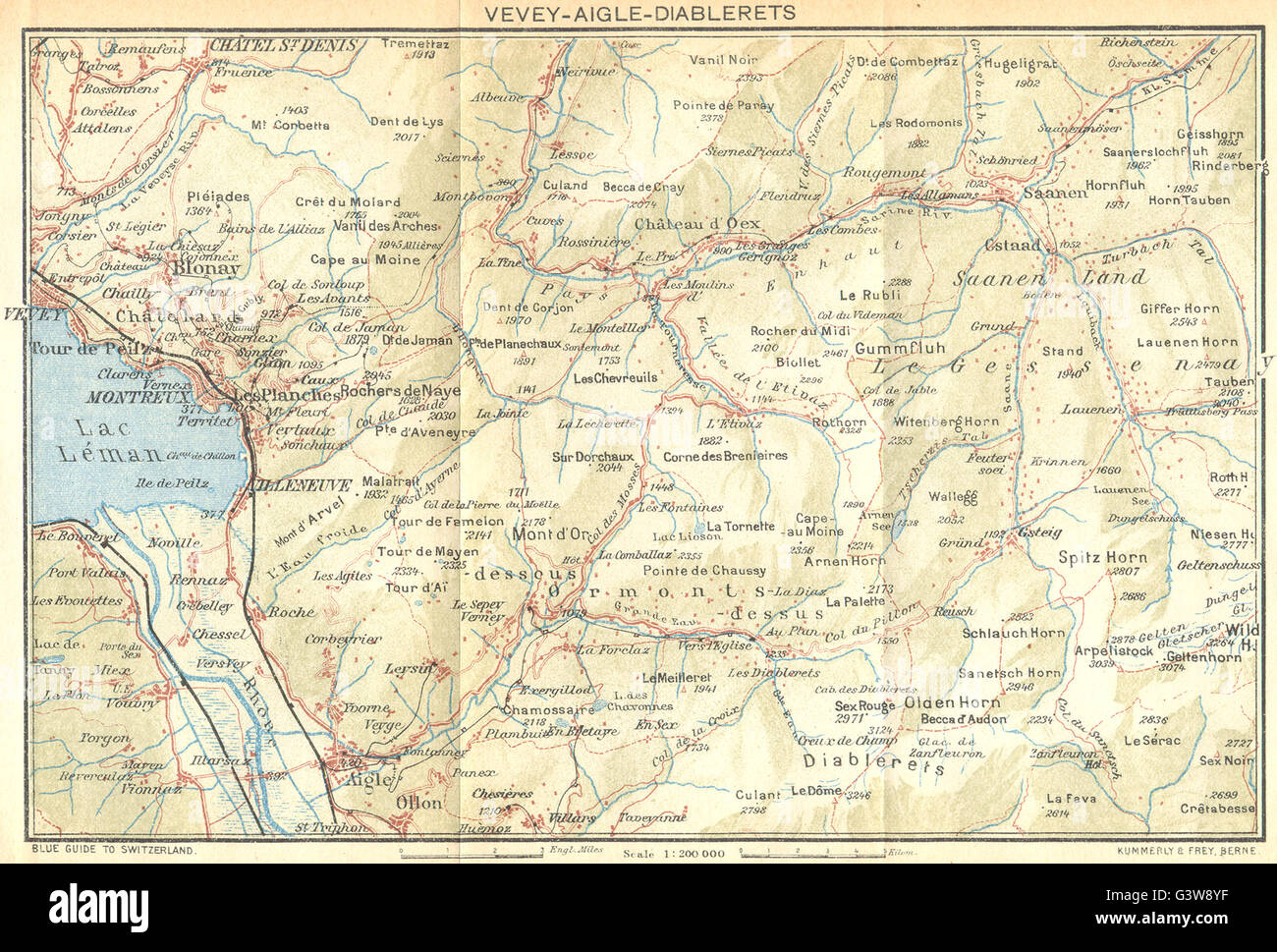 SWITZERLAND: Vevey-Aigle-Diablerets, 1930 vintage map Stock Photo - Alamy