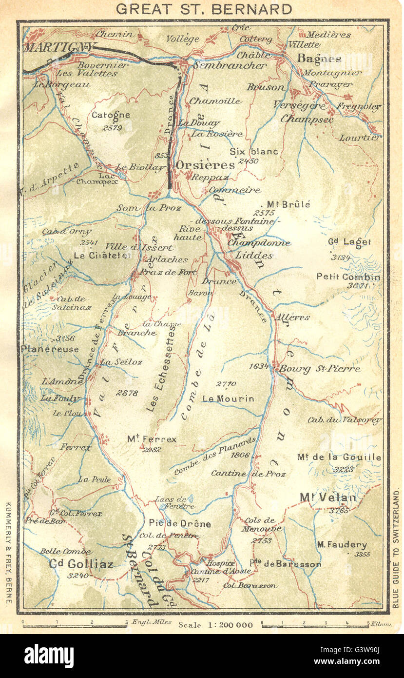 SWITZERLAND: Great St Bernard, 1930 vintage map Stock Photo - Alamy