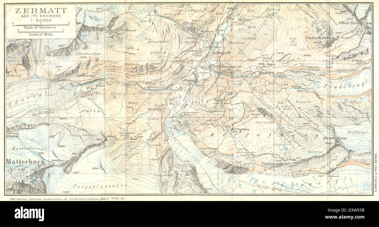 SWITZERLAND: Zermatt, 1930 vintage map Stock Photo - Alamy