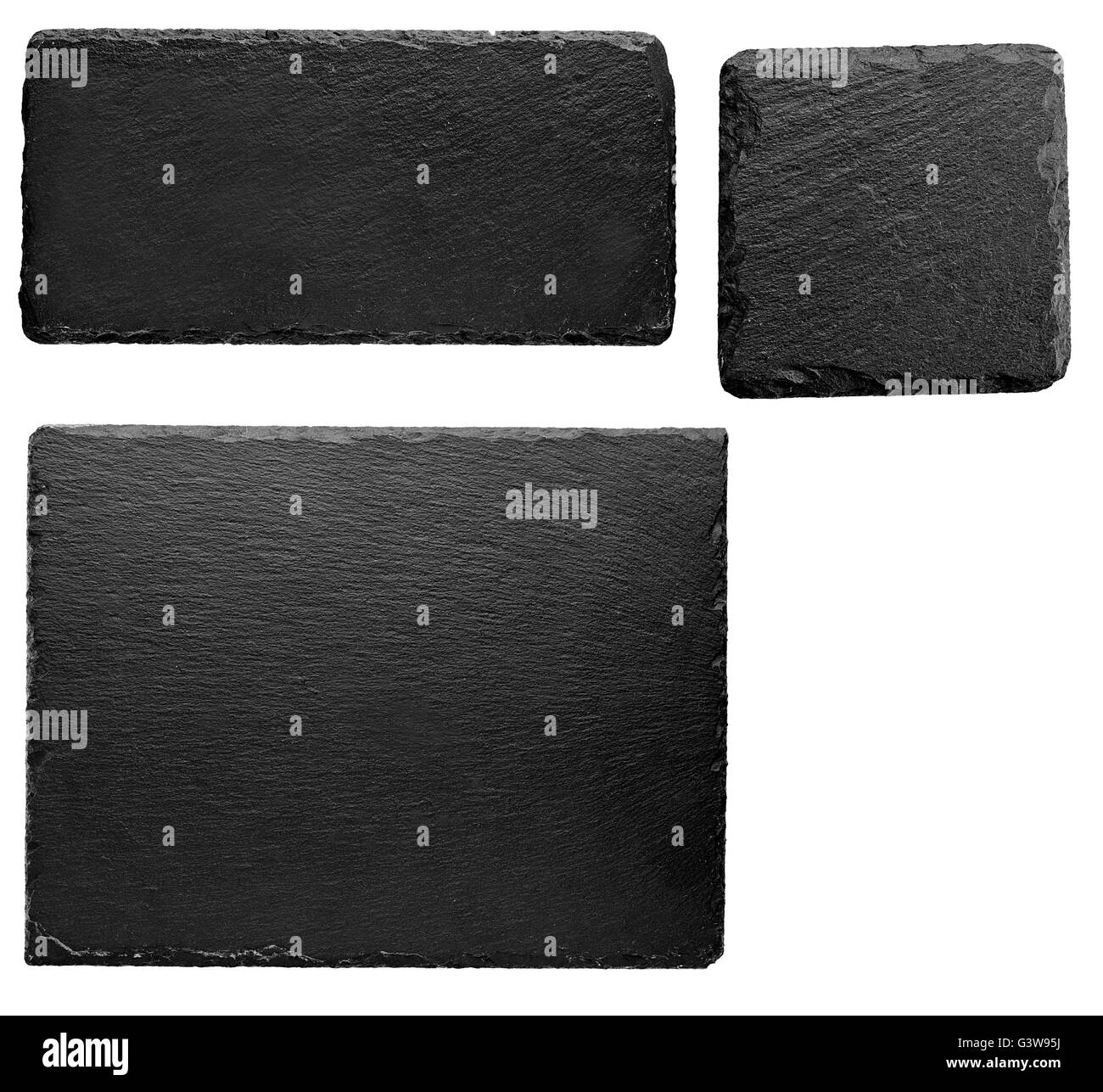 Squared and rectangular black stone slate board isolated on white ...