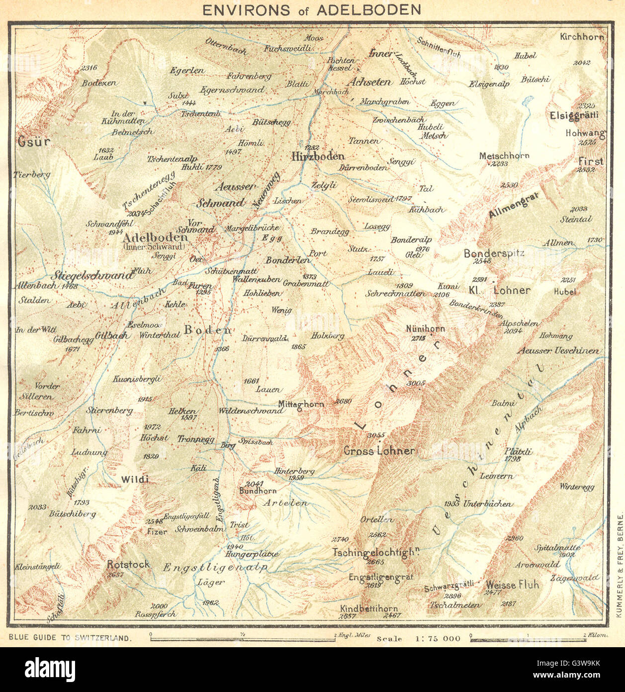 SWITZERLAND: Environs of Adelboden, 1930 vintage map Stock Photo - Alamy
