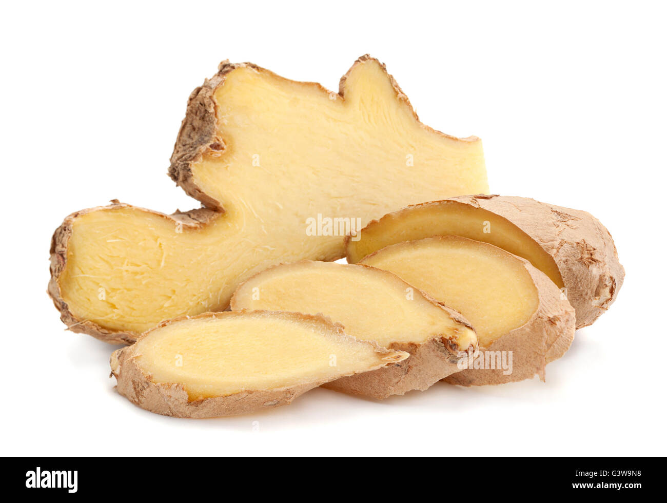 Ginger spice root slice isolated on white background Stock Photo - Alamy