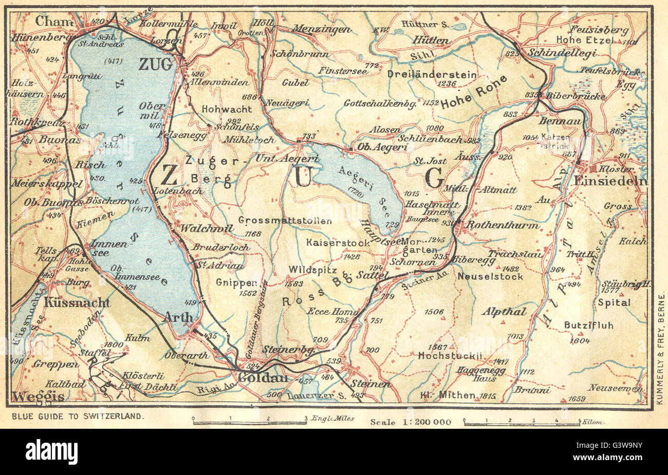 SWITZERLAND: Lake of Zug and Einsiedeln, 1930 vintage map Stock Photo ...