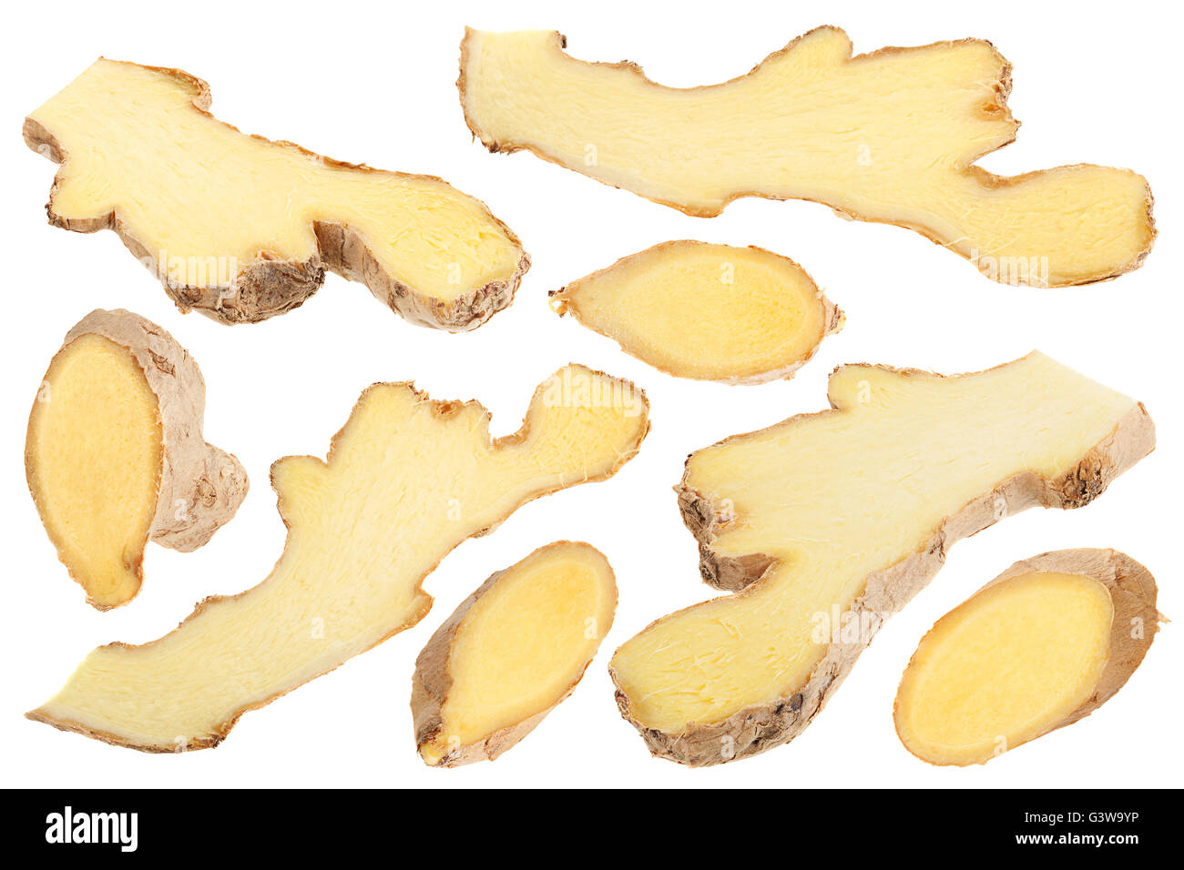 Ginger spice root slice collection isolated on white background Stock ...