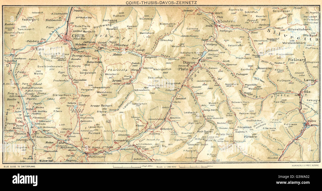 SWITZERLAND: Coire-Thusis-Davos-Zernetz, 1930 vintage map Stock Photo ...