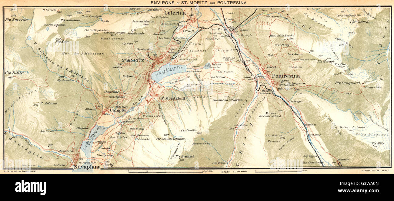 SWITZERLAND: Environs of St Moritz and Pontresina, 1930 vintage map ...