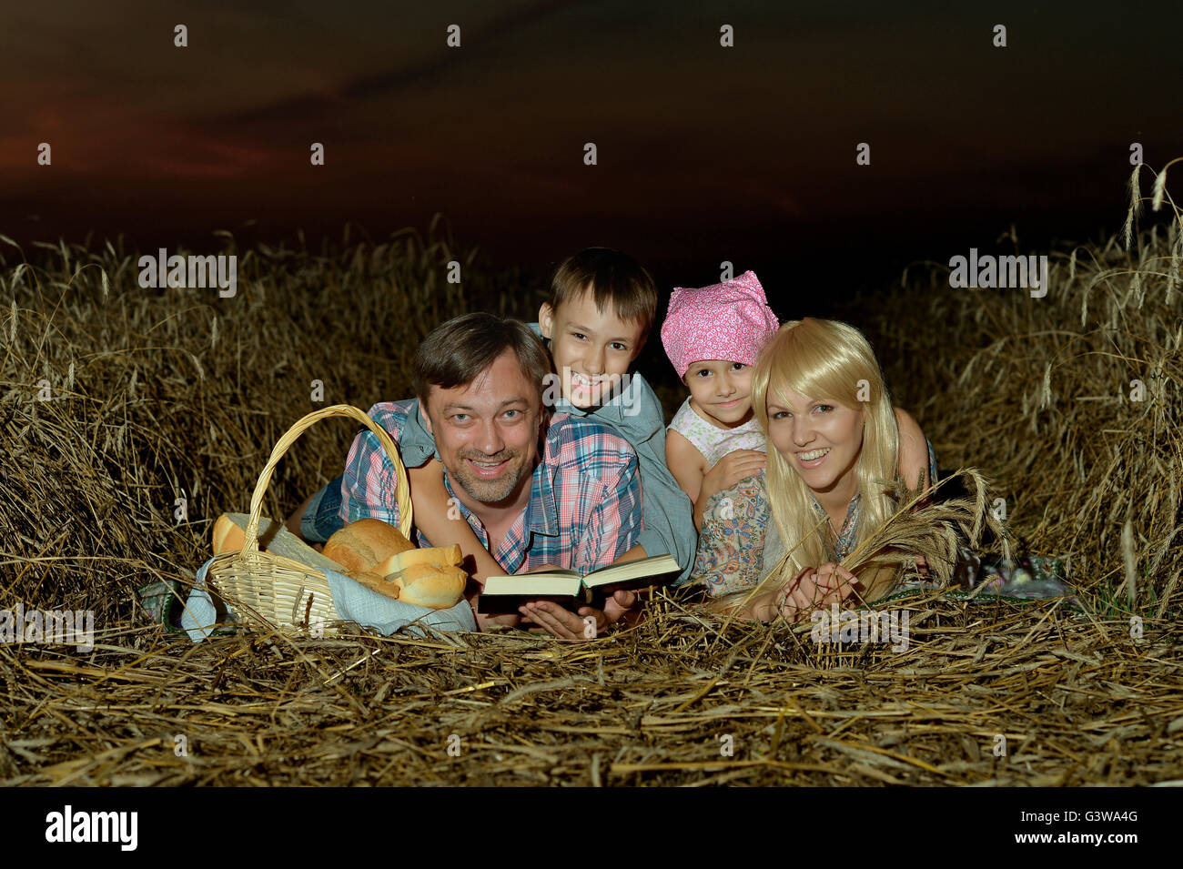 Family reading book in field Stock Photo - Alamy