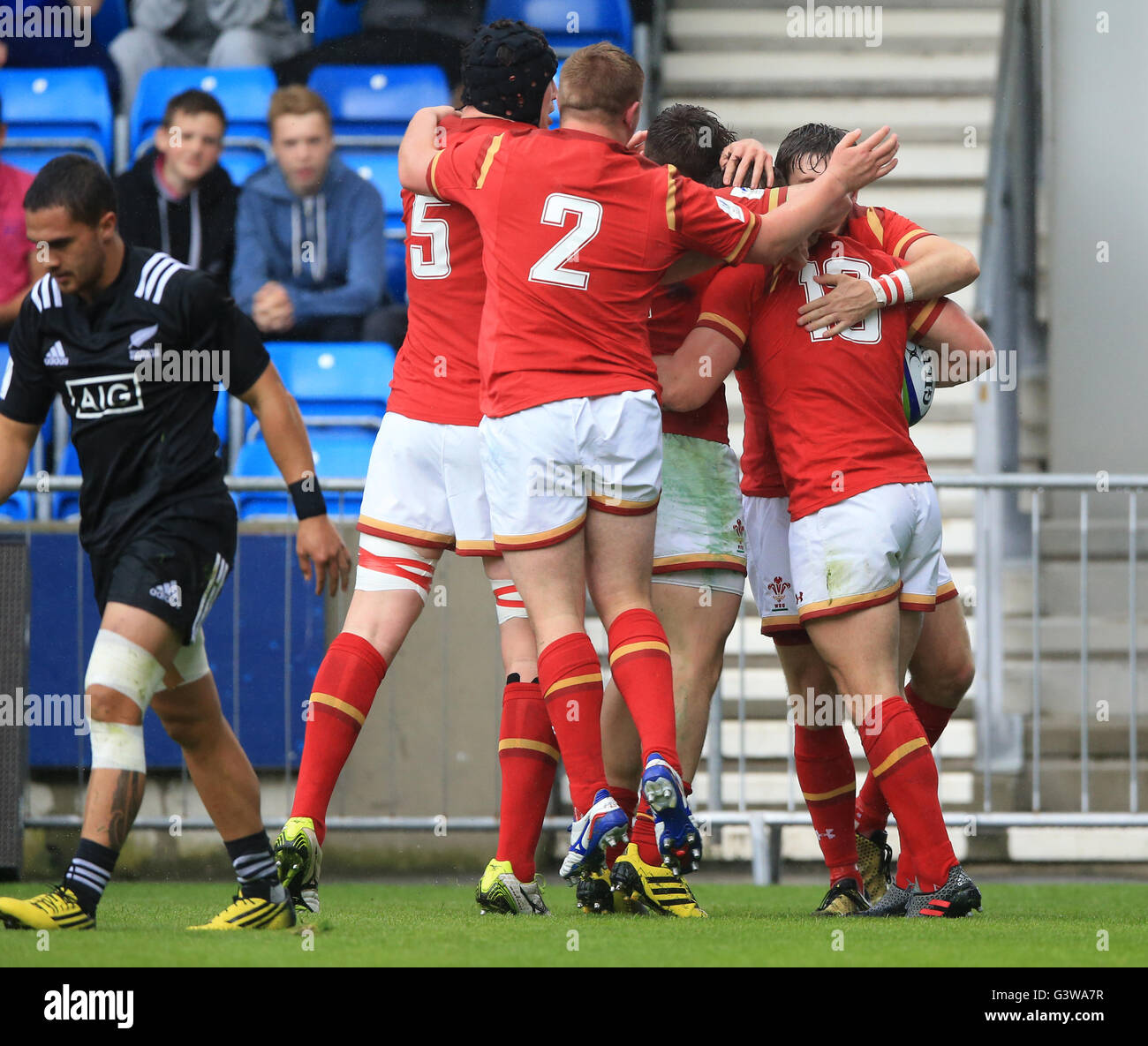 Wales' Joe Thomas (right) celebrates after scoring the opening try of ...