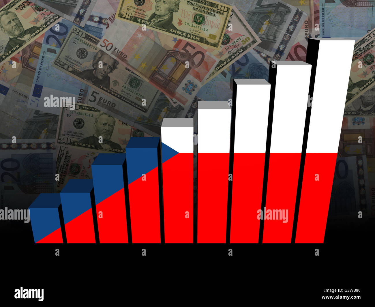 Czech flag bar chart over Euros and Dollars illustration Stock Photo ...