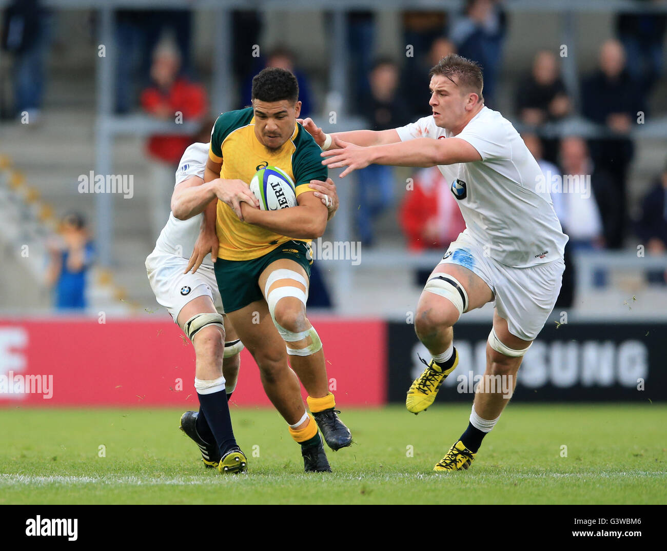 England's George Nott (left) and Stan South (right) tackle Australia's ...