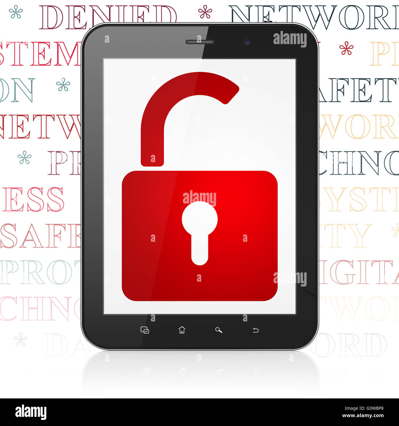 Safety concept: Tablet Computer with Opened Padlock on display Stock ...