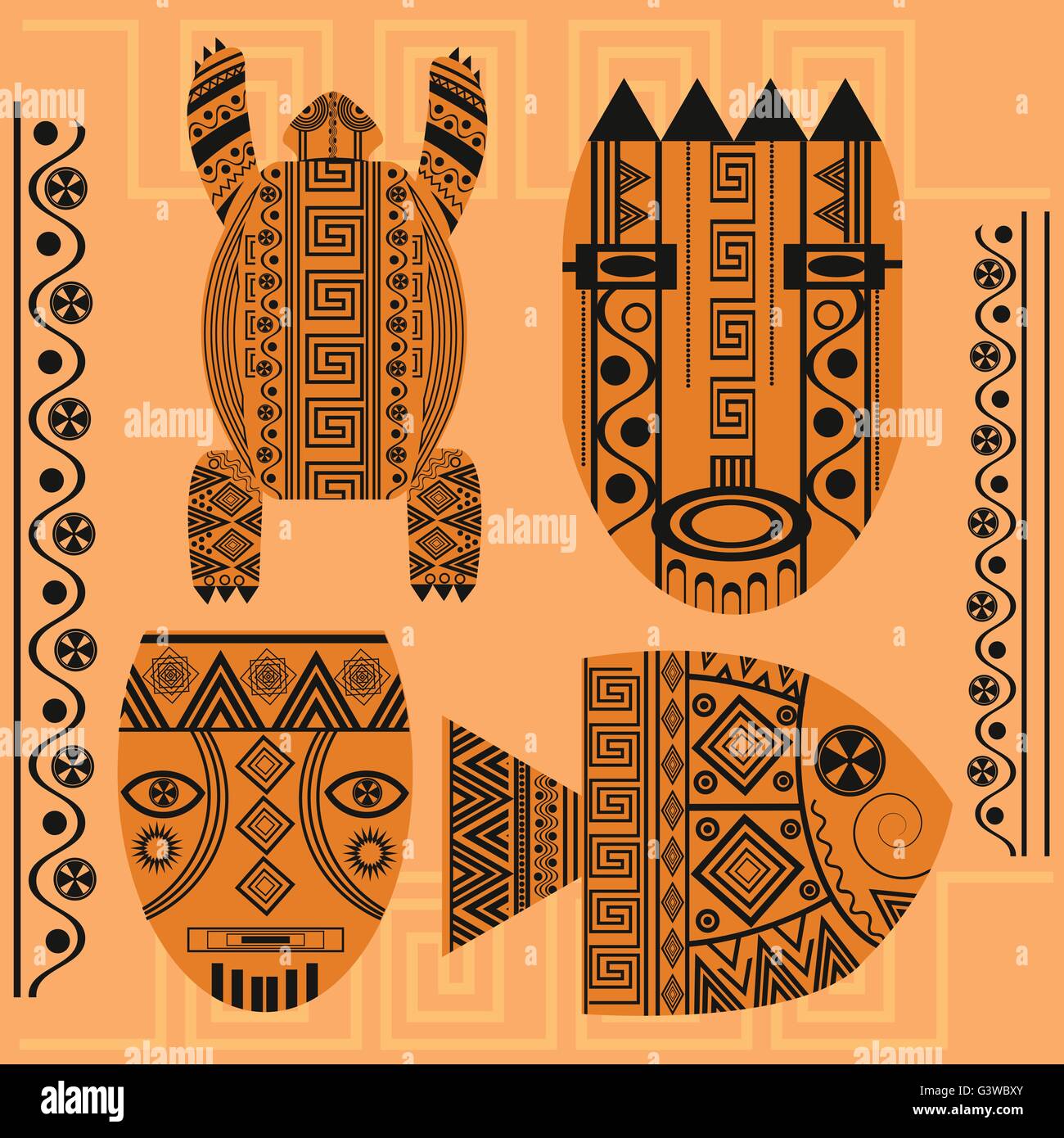 Set decorative mask, fish, turtle, african ornament Stock Vector Image ...