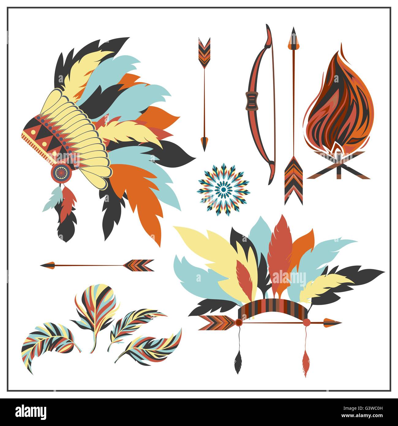 Set ethnic style arrows, feathers,bow, war bonnet, fire Stock Vector ...