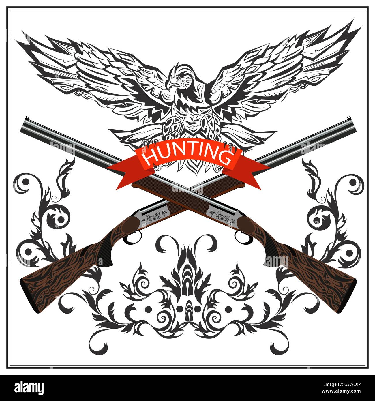 Hunting emblem, eagle decorative, tape, gun, rifles, floral ornament ...