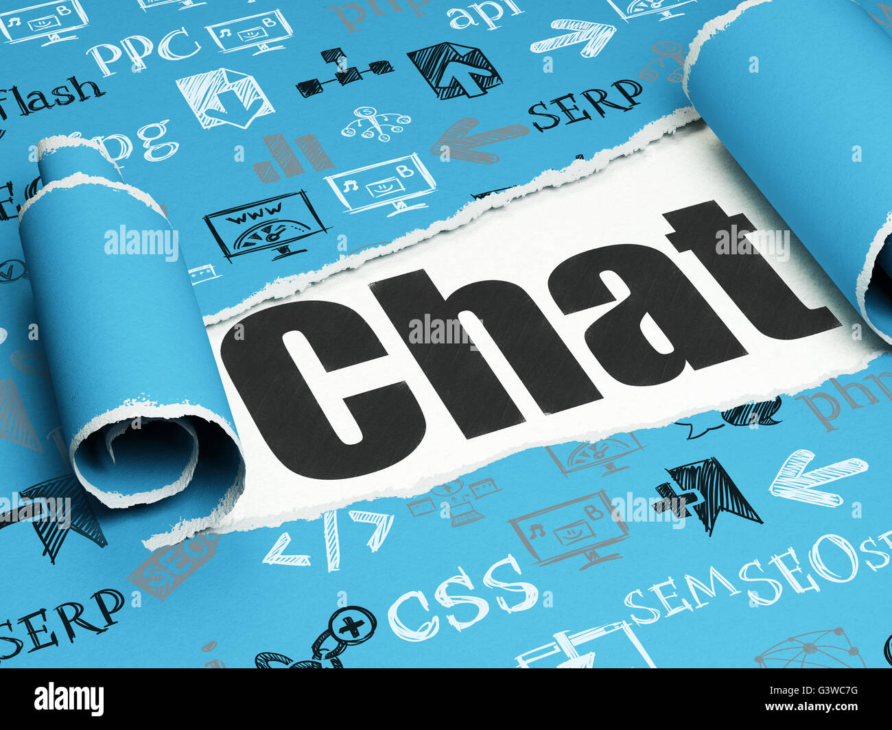 Web development concept: black text Chat under the piece of torn paper ...