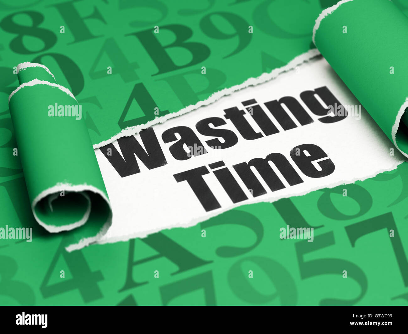 Timeline concept: black text Wasting Time under the piece of torn paper ...