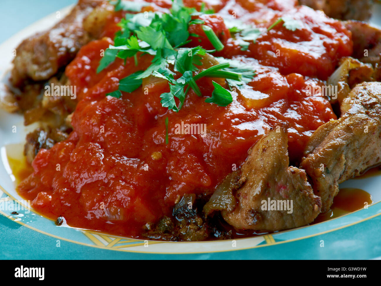 puntas de filete - grilled meat with chili sauce.Mexican food Stock ...