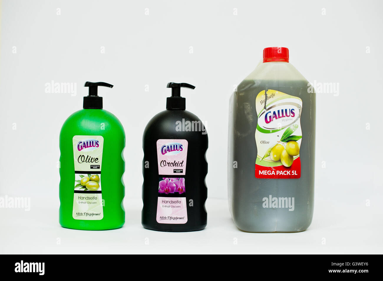 Berezovitsa, Ukraine - circa june, 2016: Set of liquid soap for hands ...