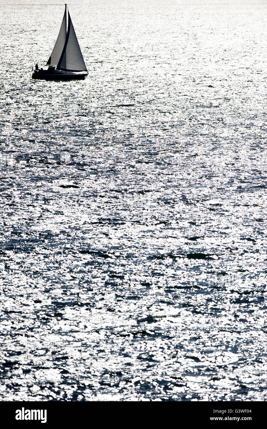 Single Yacht sailing on a sunlight ocean Stock Photo - Alamy